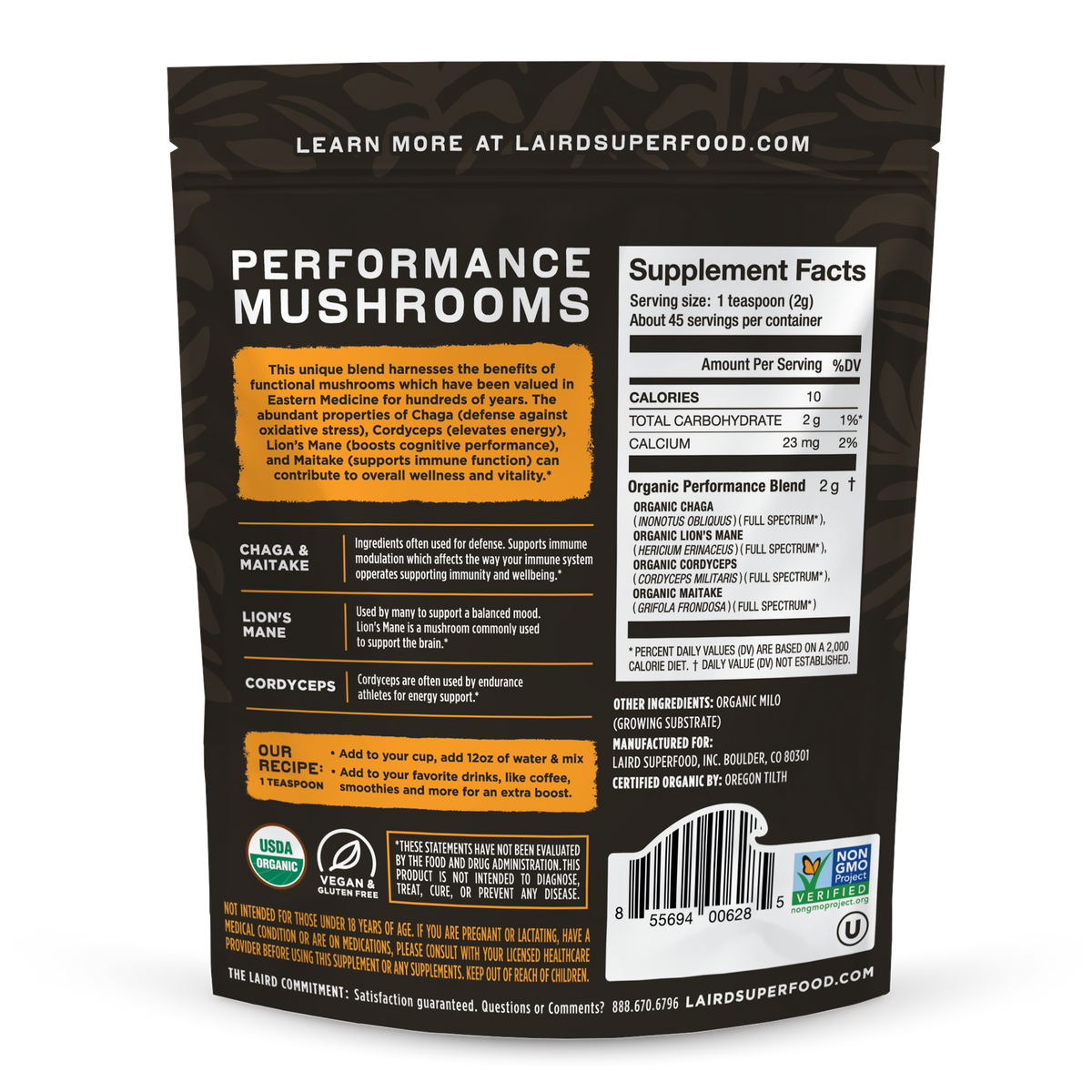 Mushroom Powder: Lion's Mane, Chaga & Cordyceps | Laird Superfood